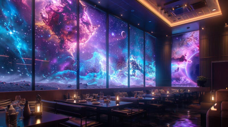Elegant Restaurant with Cosmic Nebula View Stock Illustration ...