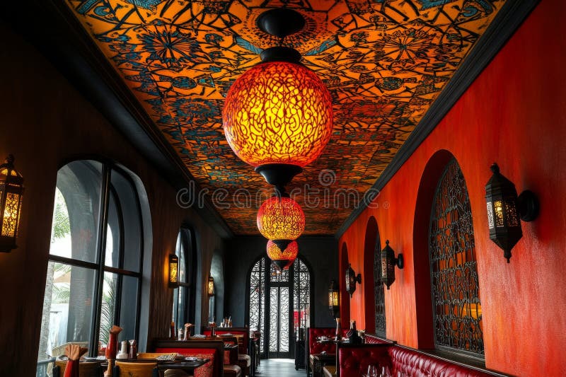 Elegant Restaurant Features Intricate Ceiling Patterns and Warm ...