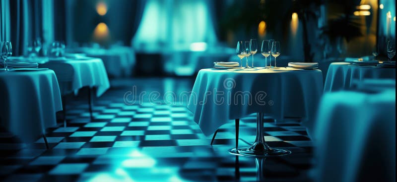 Elegant Restaurant Interior with Checkered Floor, Dim Lighting, and Set ...