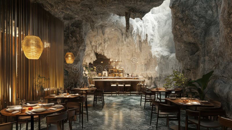 Elegant Restaurant Interior Featuring Natural Rock Formations and Soft ...