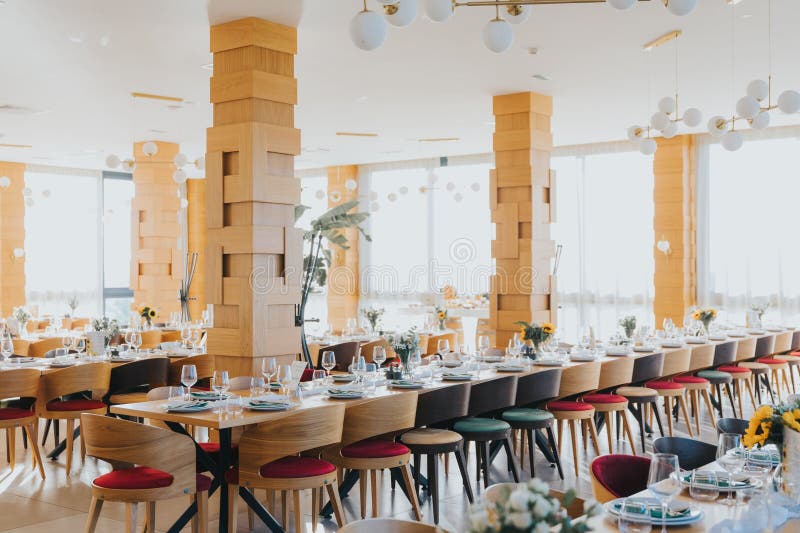 Elegant Restaurant Interior with Modern Decor and Set Tables. Stock ...