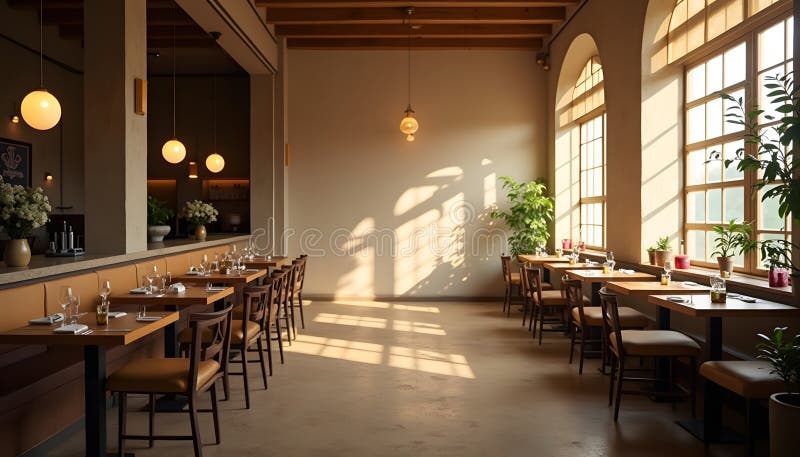 Elegant Restaurant Interior with Sunlit Tables, Arched Windows, and ...