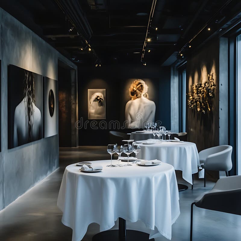 Elegant Restaurant Interior with White Tablecloth and Modern Art Stock ...