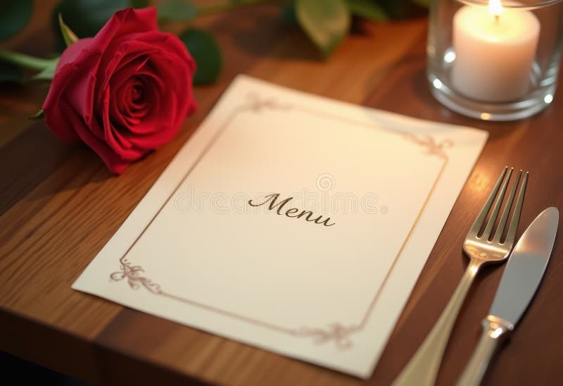 Elegant Restaurant Menu with Candlelight and Rose for Romantic Dinner ...