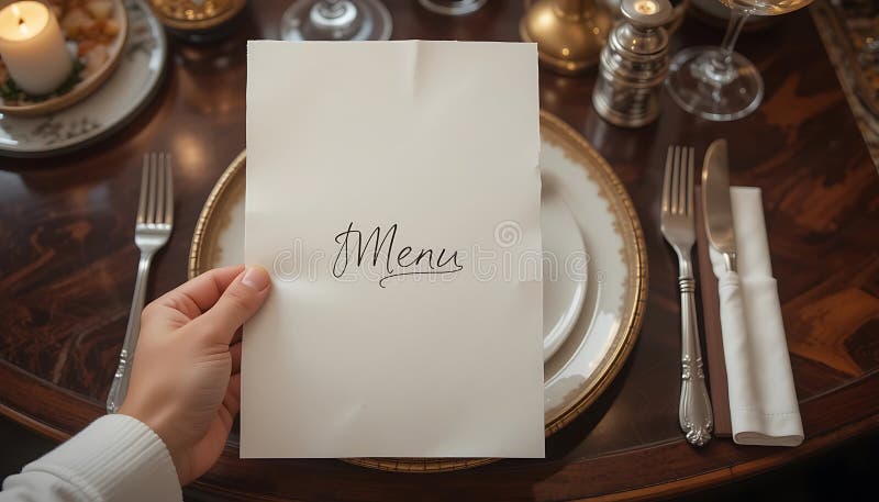 Elegant Restaurant Menu on Table Setting with Fine Silverware Stock ...