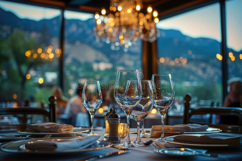 Elegant Restaurant Setting with Mountain View Scenery Stock ...
