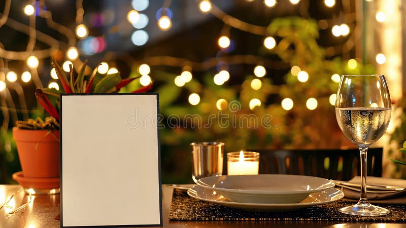 Elegant Restaurant Table Setting with Empty Menu and Wine Glass in ...