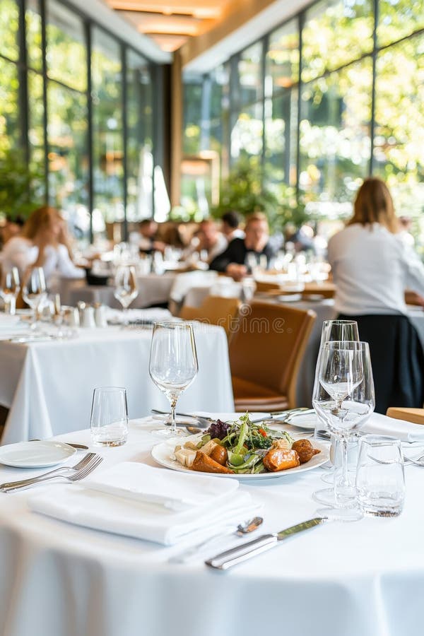 Elegant Restaurant Table Setting with Gourmet Salad and Wine Glasses in ...
