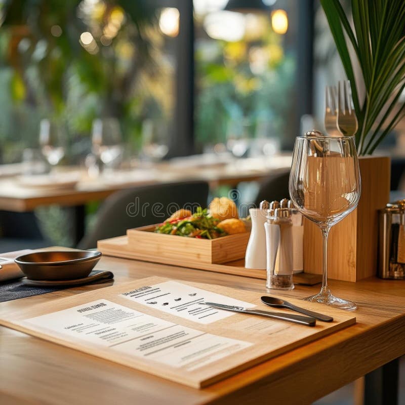 Elegant Restaurant Table Setting with Menu and Wine Glass Stock ...