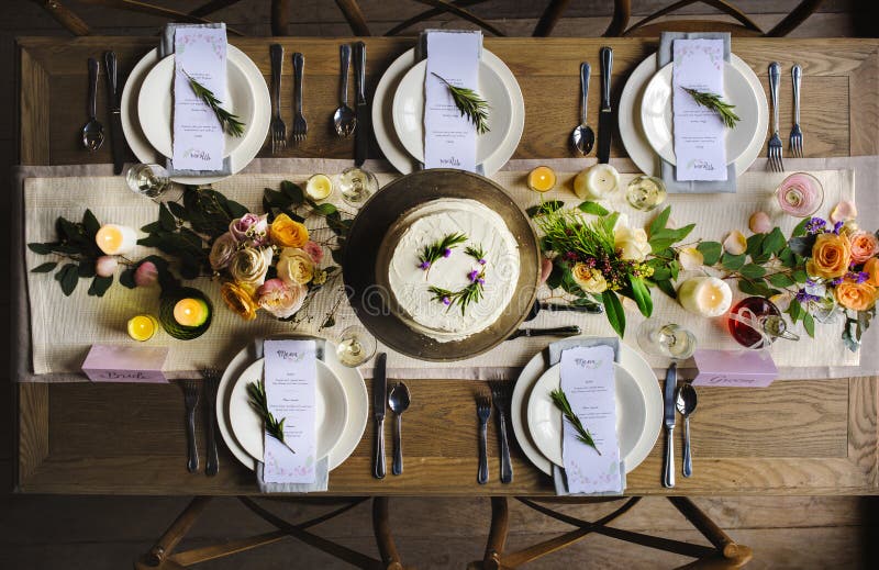 Elegant Restaurant Table Setting Service for Reception with Menu Stock ...