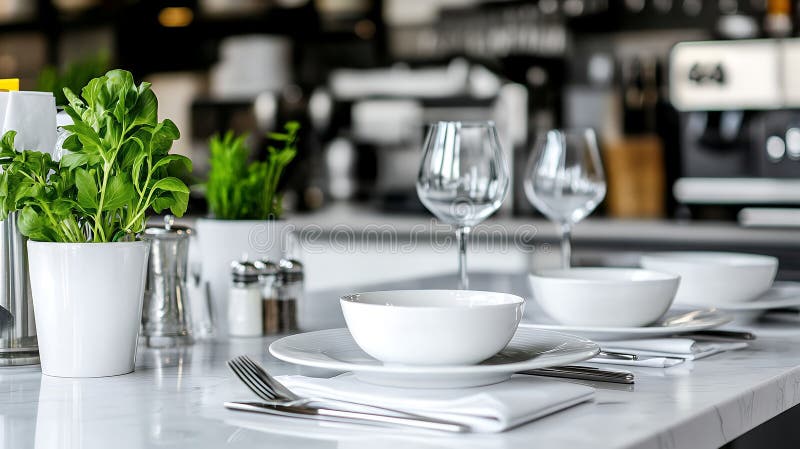 Elegant Restaurant Table Setting with White Dishes and Glassware Stock Image - Image of elegant ...