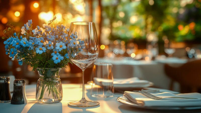 Elegant Restaurant Table Setting with a Wine Glass at Sunset ...