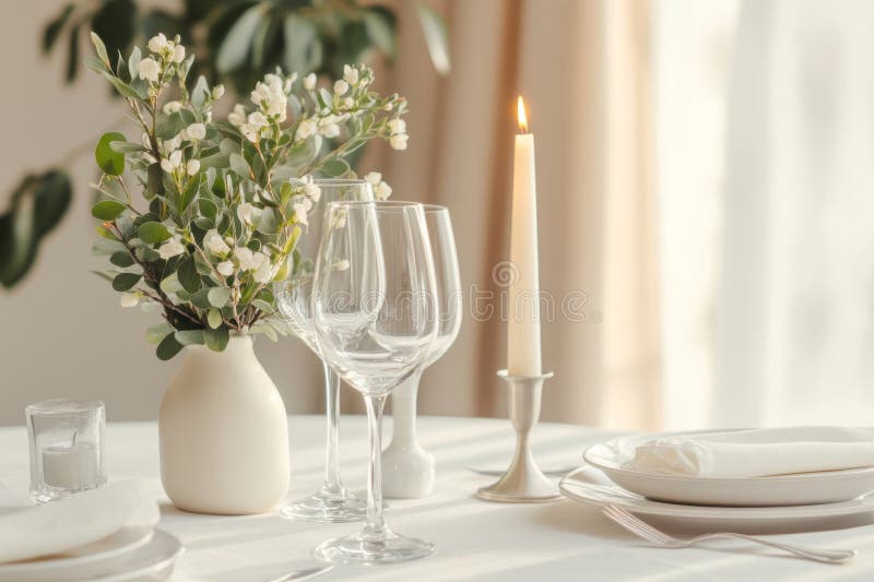 Elegant Restaurant Table Setting with Wine Glasses, Candles, and Decor ...