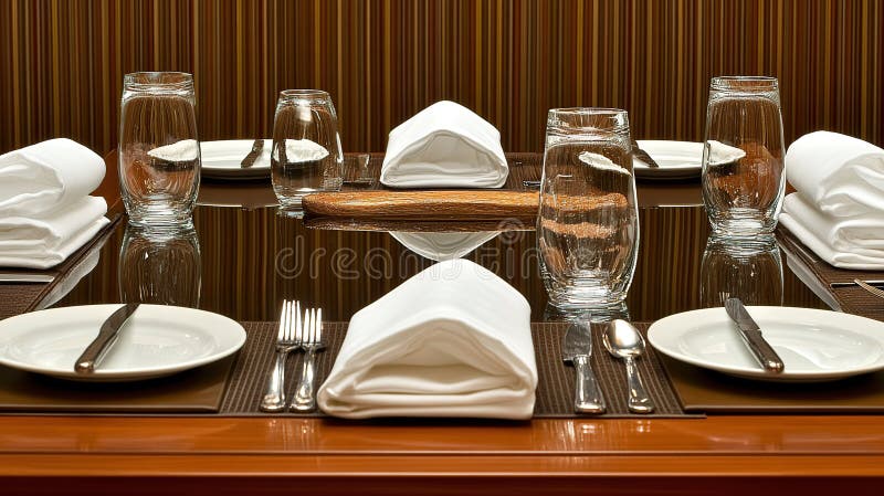 Elegant Restaurant Table Setting, Wood Panel Background Stock Image ...