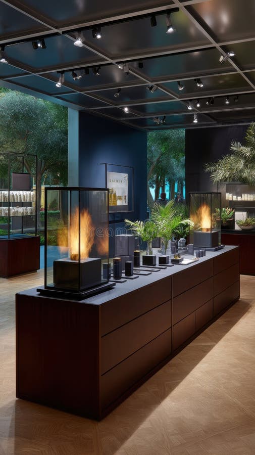 Elegant Retail Interior Featuring Luxury Items, Botanical Decor, and ...