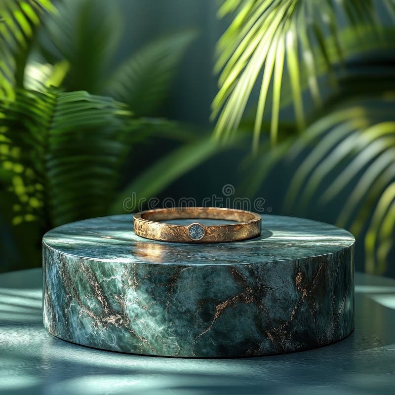Elegant Ring on Marble Display with Lush Backdrop Stock Photo - Image ...