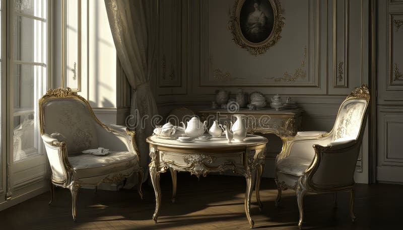 Elegant Rococo Interior Tea Setting with Gilded Chairs Stock ...