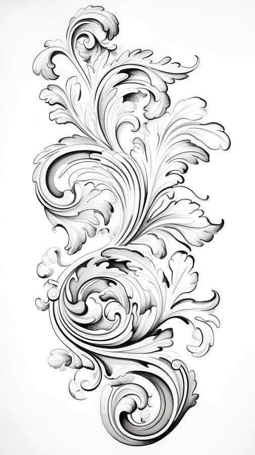 Elegant Rococo Scrollwork Line Art Detailed Ornamental Scroll on White ...