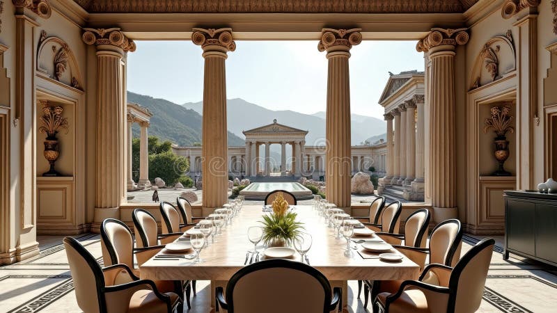 Elegant Roman-inspired Dining Hall with Majestic Mountain View and ...