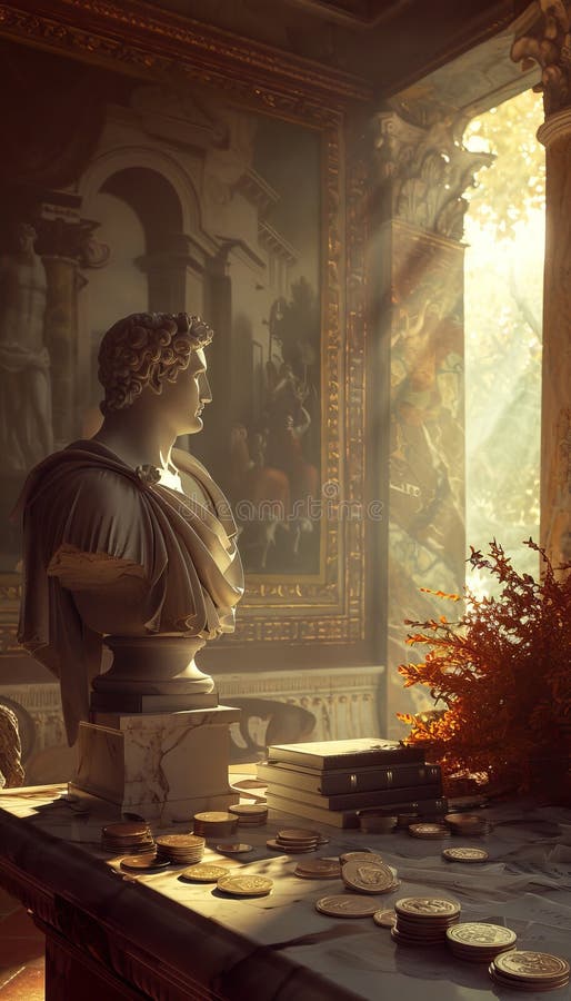 Elegant Roman Study Featuring Seneca Statue Surrounded by Ancient ...