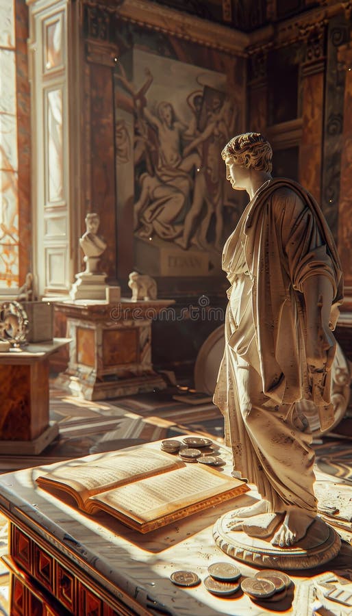 Elegant Roman Study Featuring a Statue of Seneca Surrounded by Ancient ...