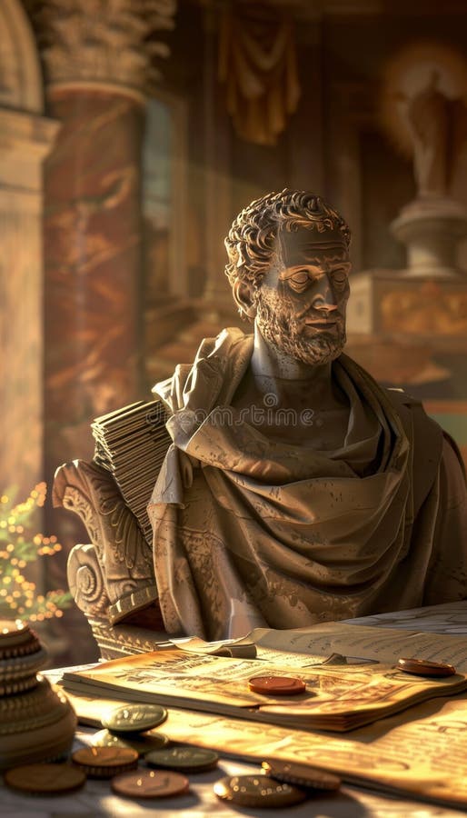Elegant Roman Study with Seneca Statue, Ancient Scrolls, and Murals in ...