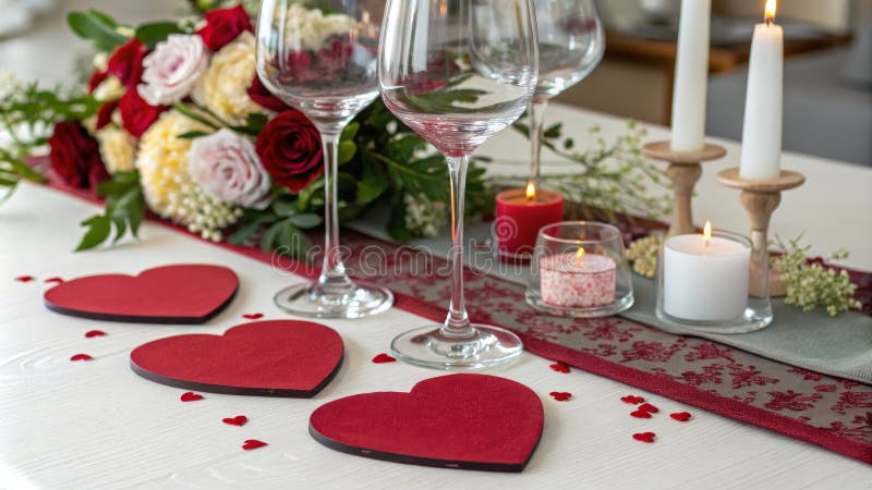 Elegant Romantic Table Setting with Roses, Candles, and Hearts for a ...