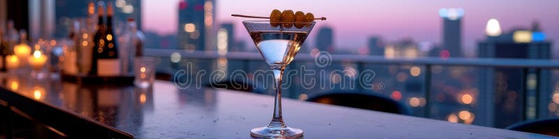 Elegant Rooftop Bar at Dusk with Martini and City Skyline Stock Photo ...