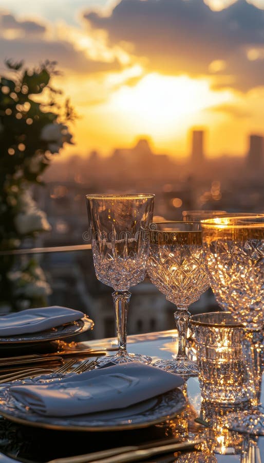 Elegant Rooftop Dining Experience at Sunset Overlooking City Skyline ...