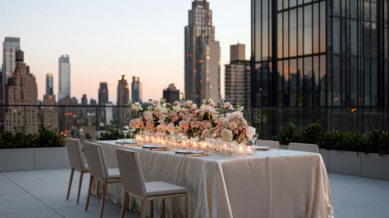 Elegant Rooftop Dinner with City View, Featuring Table Adorned with ...