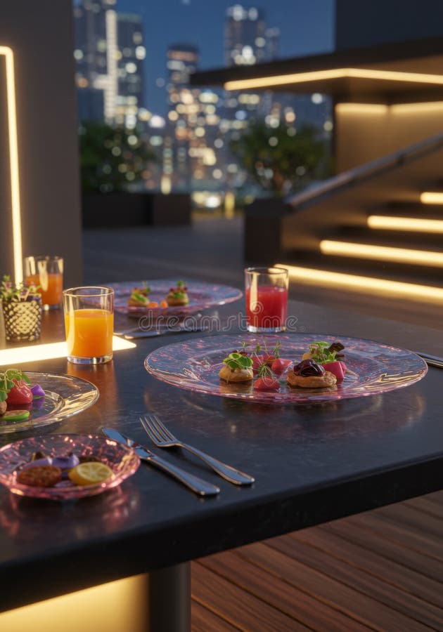 Elegant Rooftop Dinner with City View at Night Stock Illustration ...