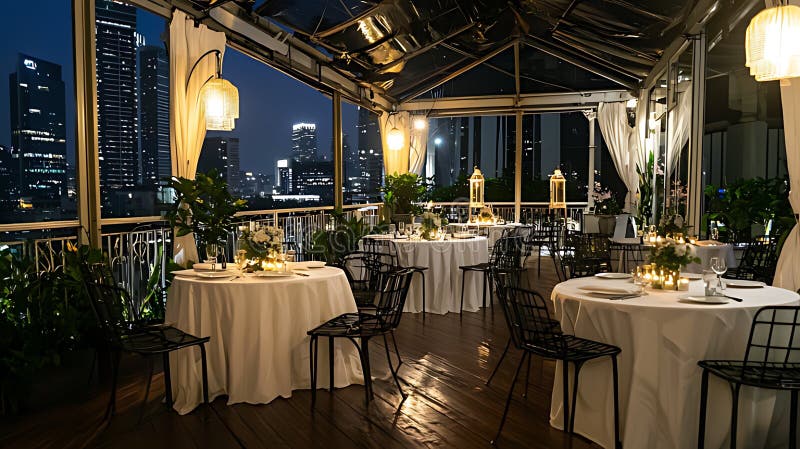 Elegant Rooftop Dinner Party with City View at Night Stock Illustration ...