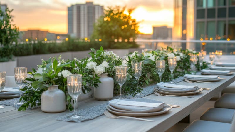 Elegant Rooftop Dinner Setting with White Flowers Stock Illustration ...