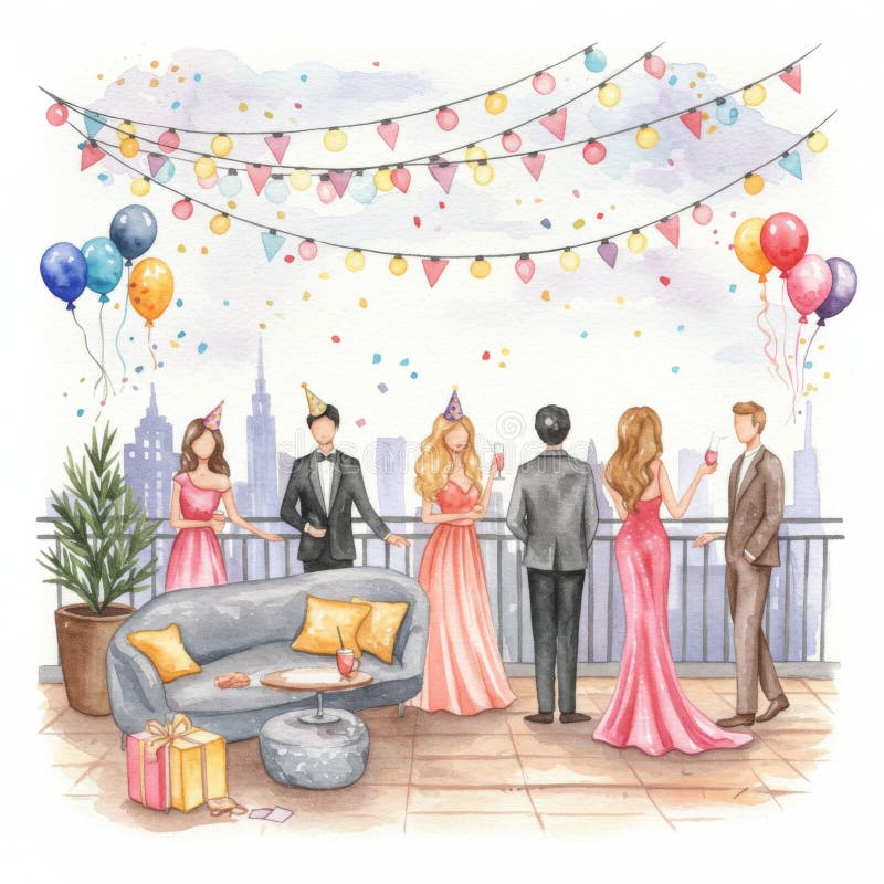 Elegant Rooftop Party with City View at Night Stock Illustration ...