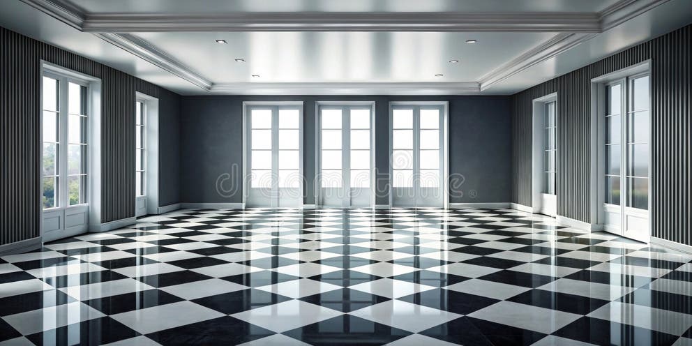 Elegant Room with Checkerboard Floor and Large Windows. Generative AI ...