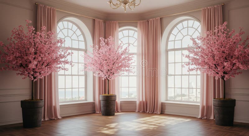 Elegant Room with Cherry Blossom Trees and Light Streaming through ...