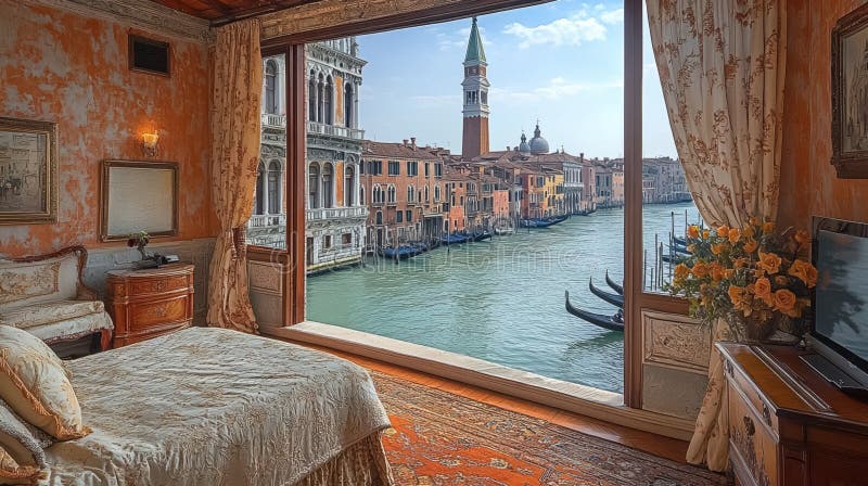 An Elegant Room Featuring a Window Overlooking the Winding Canals and ...