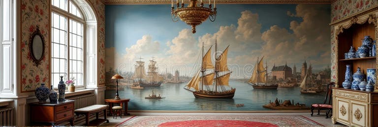 Elegant Room with Nautical Mural and Classic Decor Featuring Sailing ...