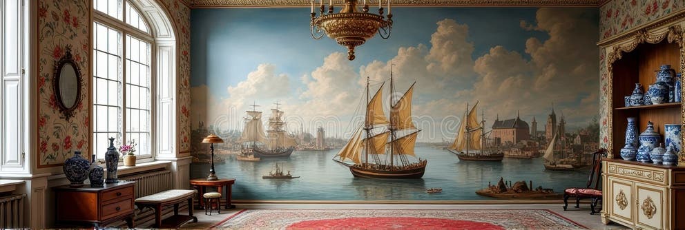 Elegant Room with Nautical Mural and Classic Decor Featuring Sailing ...