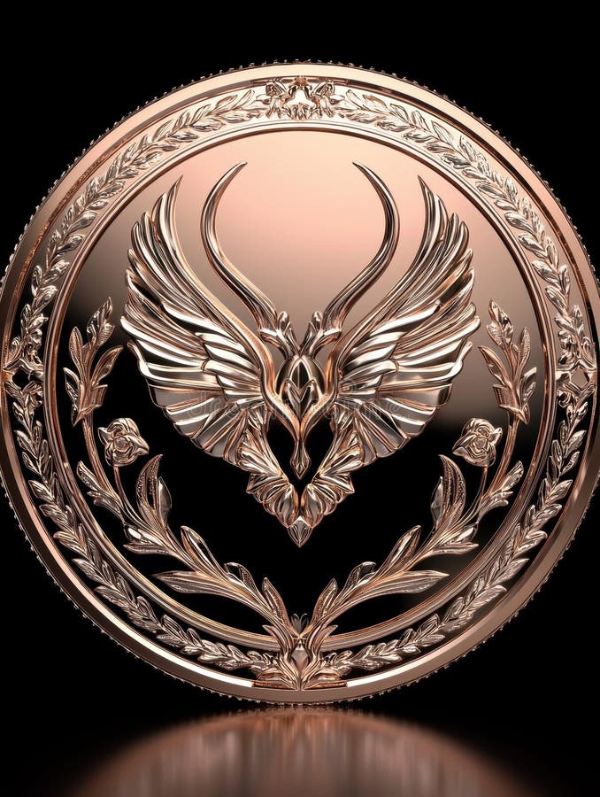 Elegant Rose Gold Coin with Phoenix and Floral Design. Stock ...