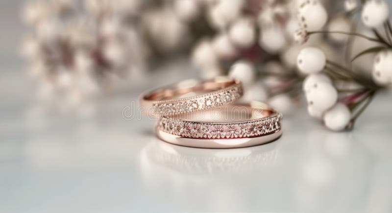 Elegant Rose Gold Wedding Bands on a Reflective Surface with Soft ...