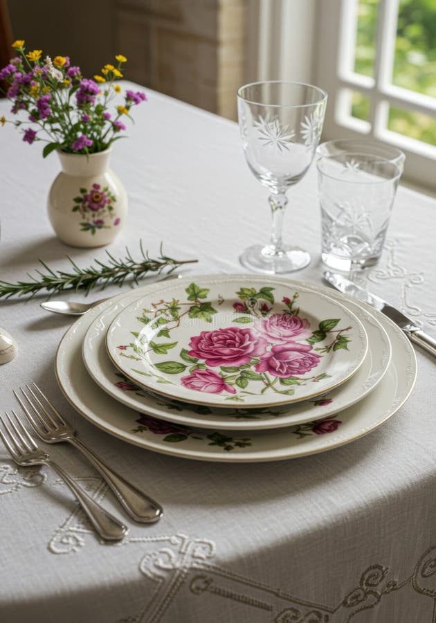 Elegant Rose Patterned Dinnerware on a Table Setting Stock Illustration - Illustration of floral ...