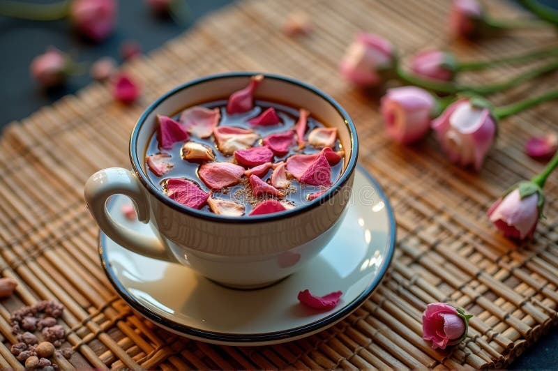 Elegant Rose Petal Tea in White Cup on Bamboo Mat with Pink Flowers ...