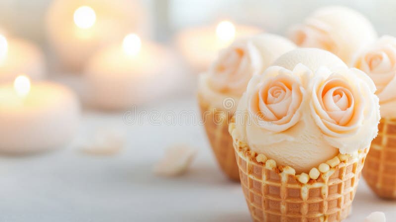 Elegant Rose Shaped Ice Cream in Waffle Cones with Candles. Generative ...