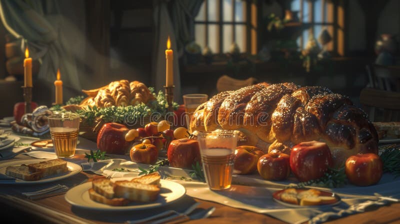 Elegant Rosh Hashanah Table with Traditional Foods Stock Image - Image ...