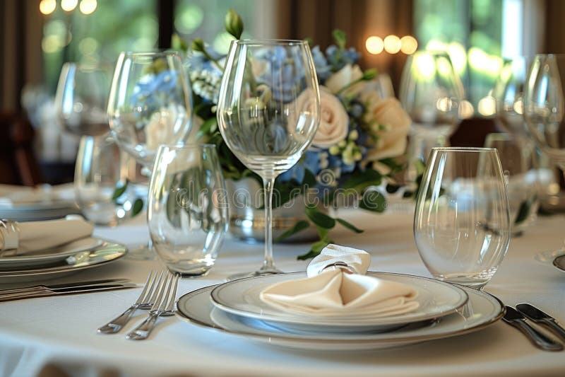Elegant Round Banquet Table Set for Event with Empty Plates, Glasses ...