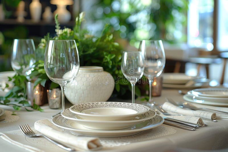 Elegant Round Banquet Table Set for Event with Empty Plates, Glasses ...