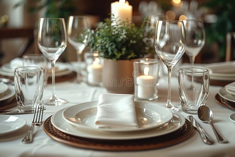Elegant Round Banquet Table Set for Event with Empty Plates, Glasses ...