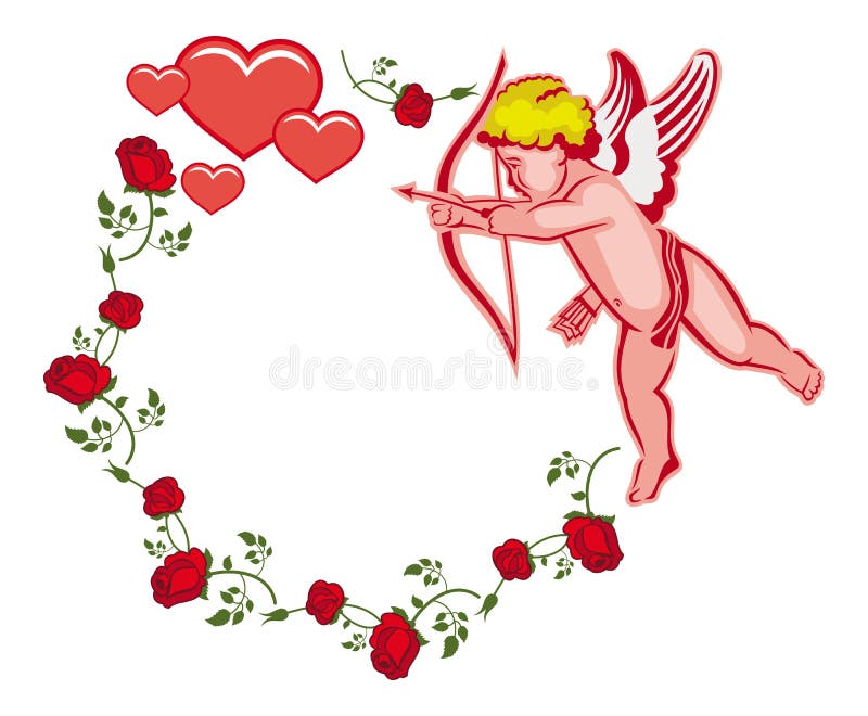 Elegant Round Frame with Cupid, Red Roses and Hearts. Raster Clip Art ...
