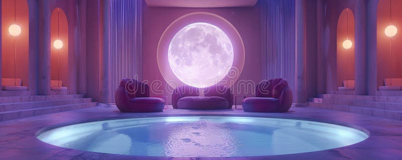 Elegant Round Stage with Three Armchairs in Front of a Glowing Moon ...
